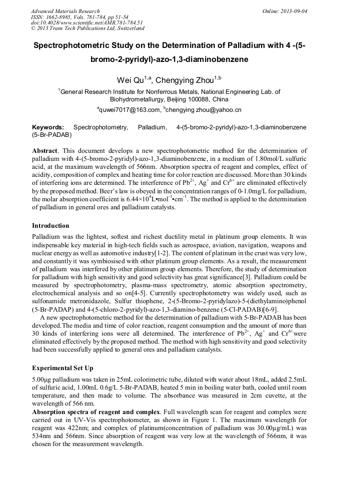 Spectrophotometric Study on the Determination of Palladium with 4 -(5 ...
