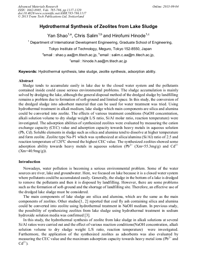 Hydrothermal Synthesis of Zeolites from Lake Sludge | Scientific.Net