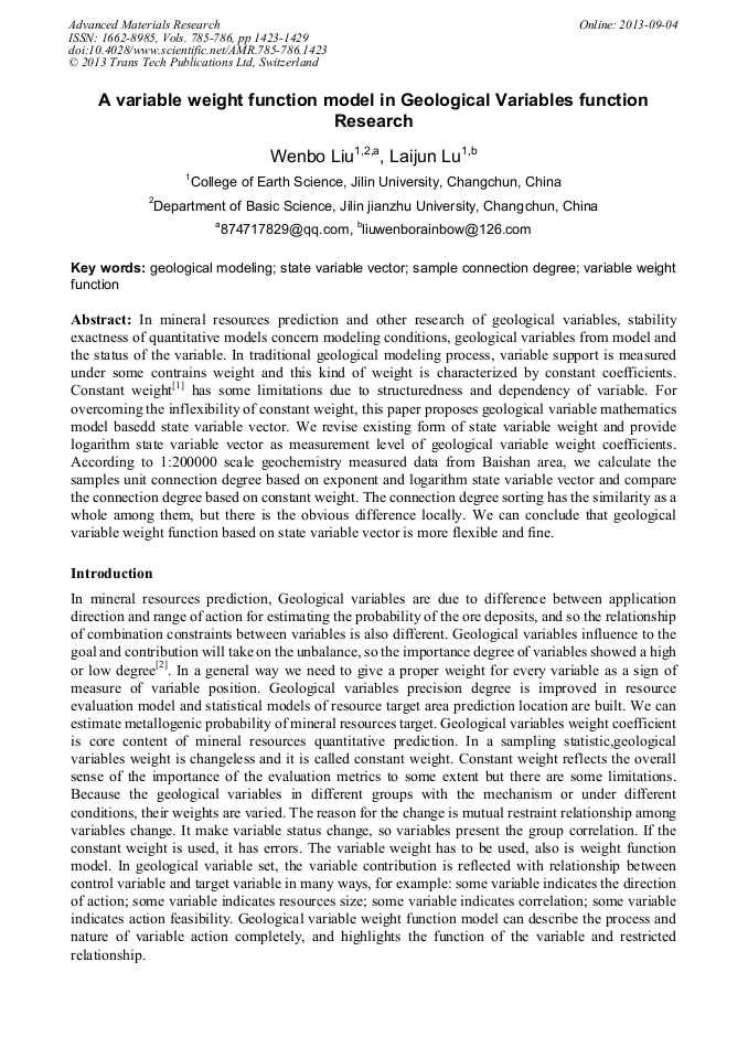 A Variable Weight Function Model in Geological Variables Function ...
