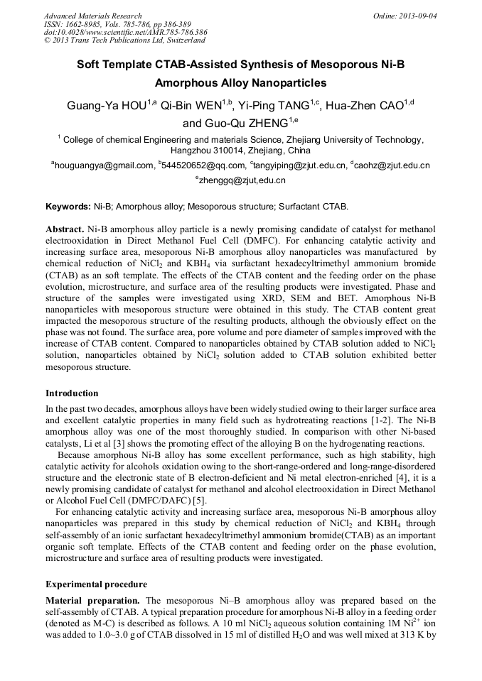Soft Template CTAB-Assisted Synthesis of Mesoporous Ni-B Amorphous ...