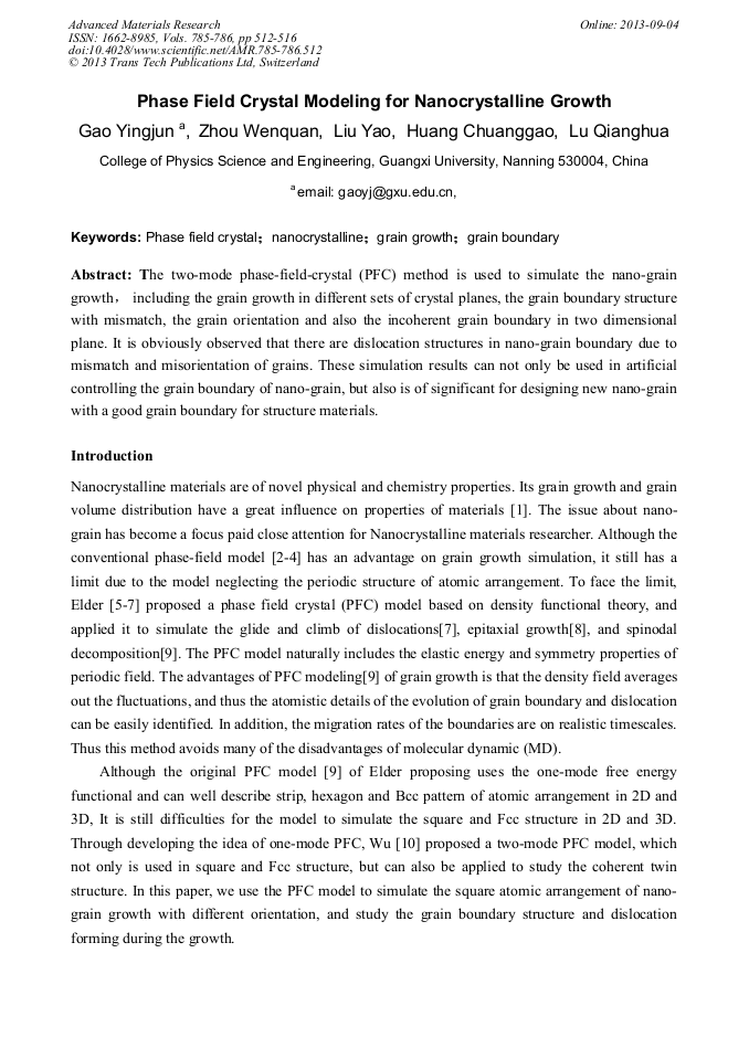 Phase Field Crystal Modeling for Nanocrystalline Growth | Scientific.Net