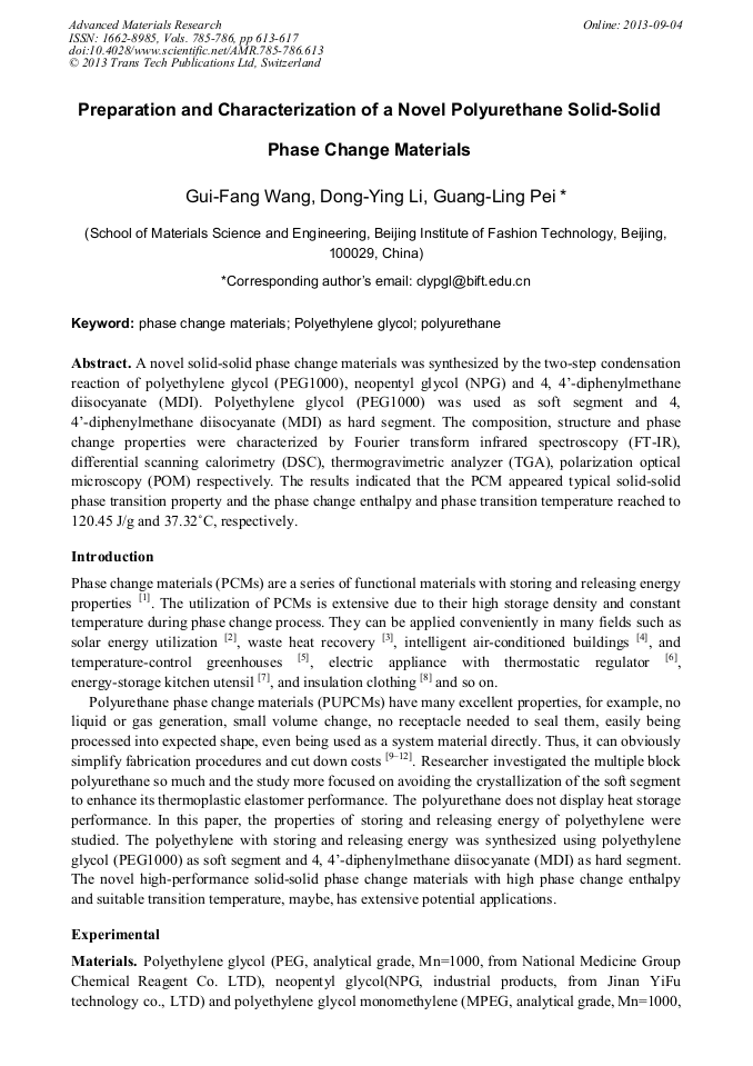 Preparation and Characterization of a Novel Polyurethane Solid-Solid ...