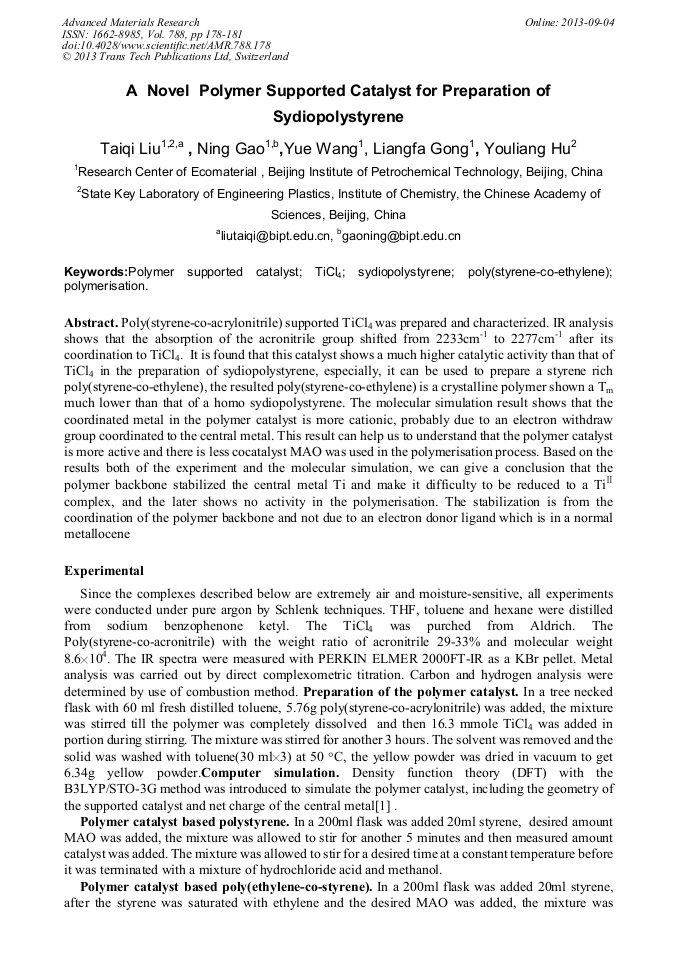 A Novel Polymer Supported Catalyst for Preparation of Sydiopolystyrene ...
