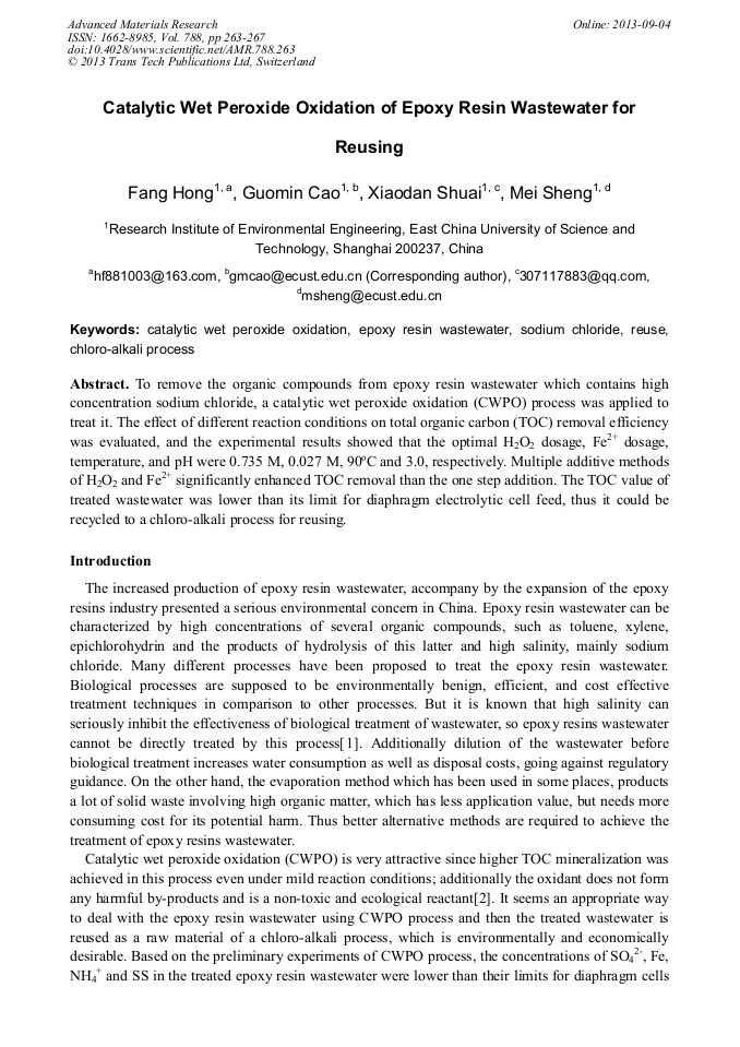Catalytic Wet Peroxide Oxidation of Epoxy Resin Wastewater for Reusing ...