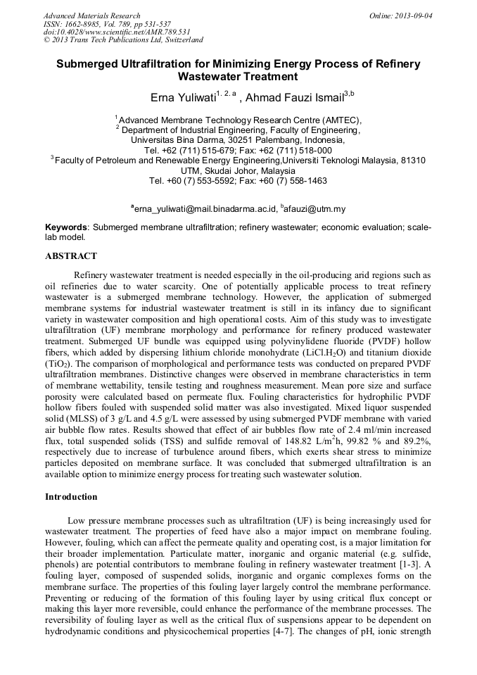 Submerged Ultrafiltration for Minimizing Energy Process of Refinery ...