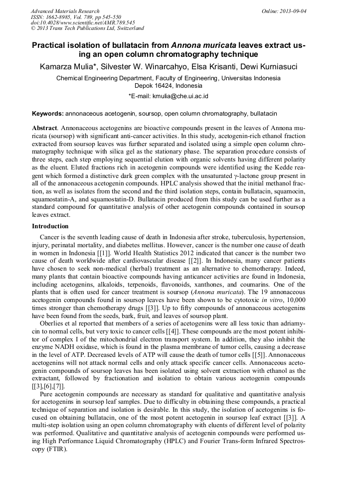 Practical Isolation of Bullatacin from Annona muricata Leaves Extract ...