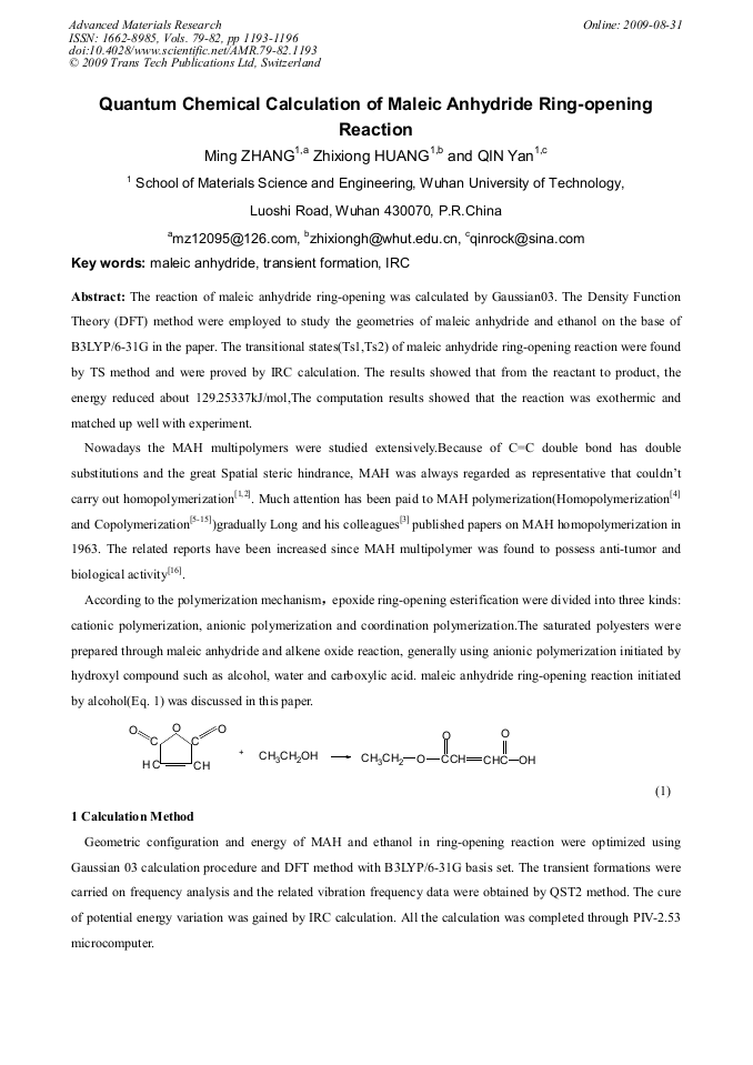 Quantum Chemical Calculation of Maleic Anhydride Ring-Opening Reaction ...