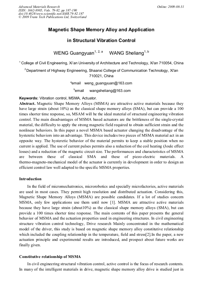Magnetic Shape Memory Alloy and Application in Structural Vibration Control | Scientific.Net
