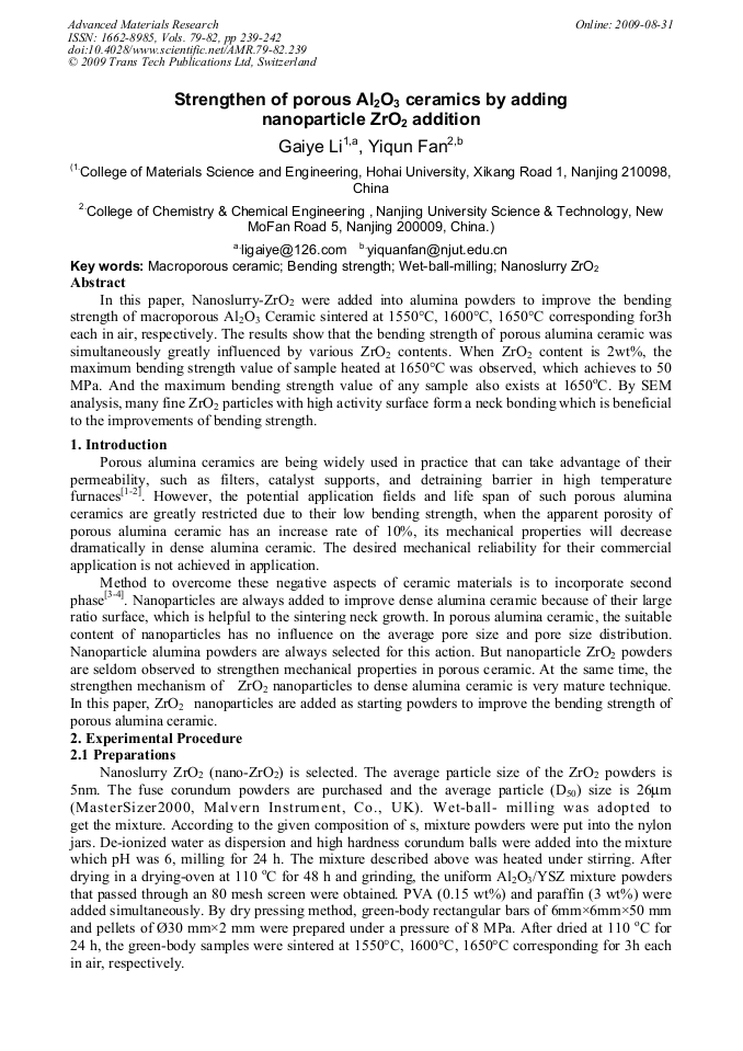 Strengthen of Porous Al2O3 Ceramics by Adding Nanoparticle ZrO2 ...
