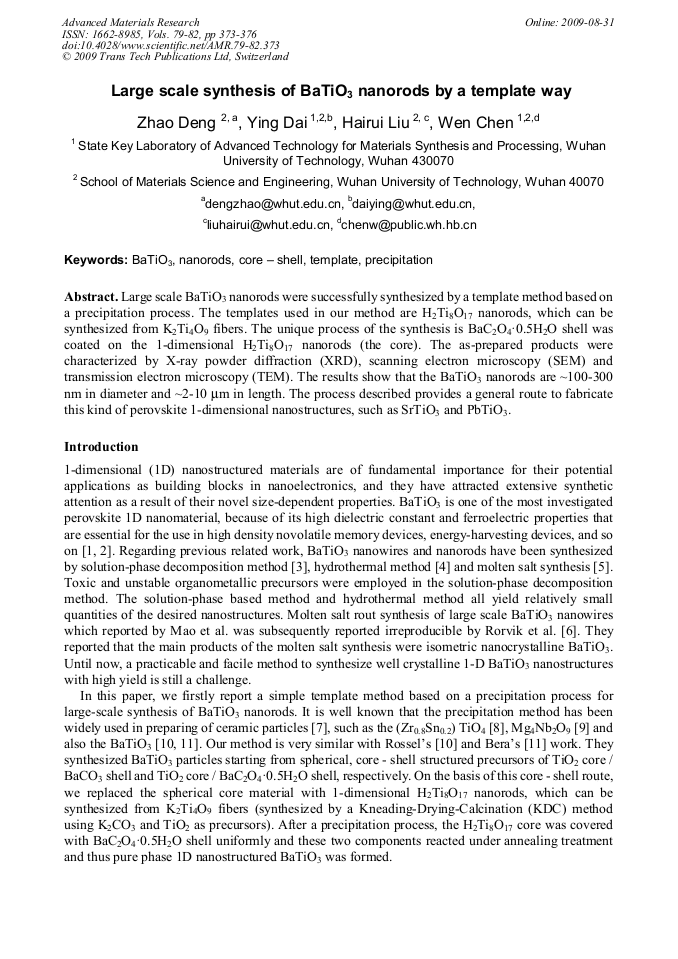 Large Scale Synthesis of BaTiO3 Nanorods by a Template Way | Scientific.Net