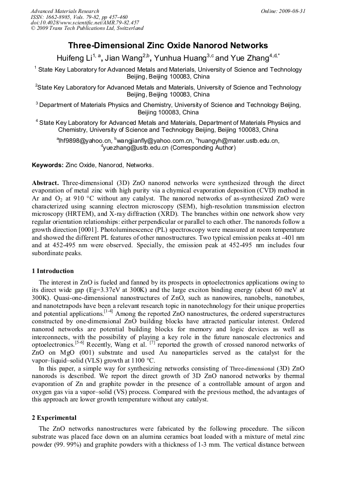 Three-Dimensional Zinc Oxide Nanorod Networks | Scientific.Net