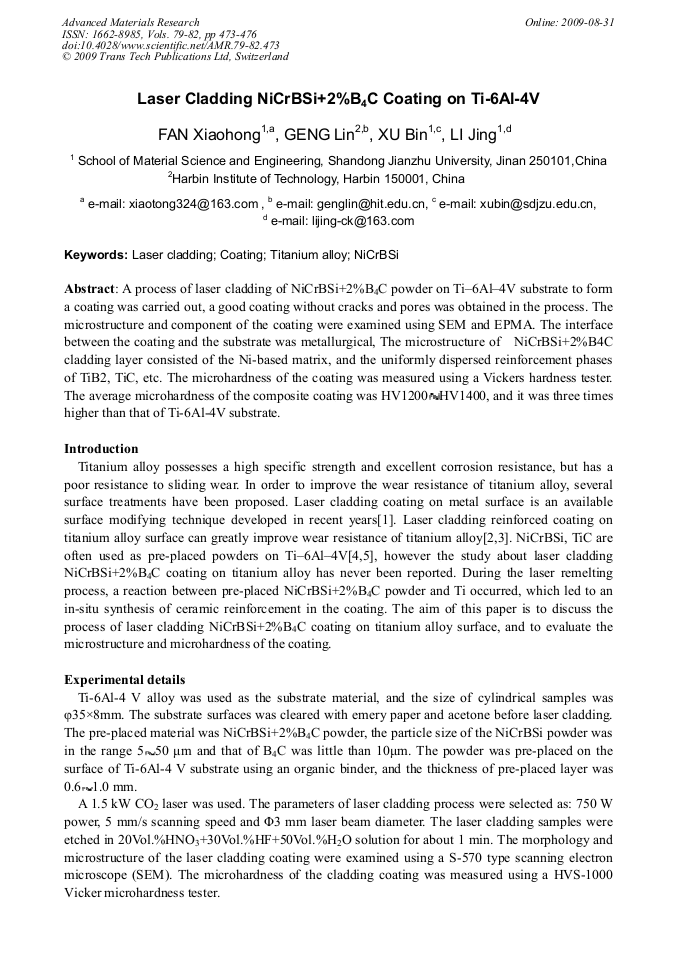 Laser Cladding NiCrBSi+2%B4C Coating on Ti-6Al-4V | Scientific.Net