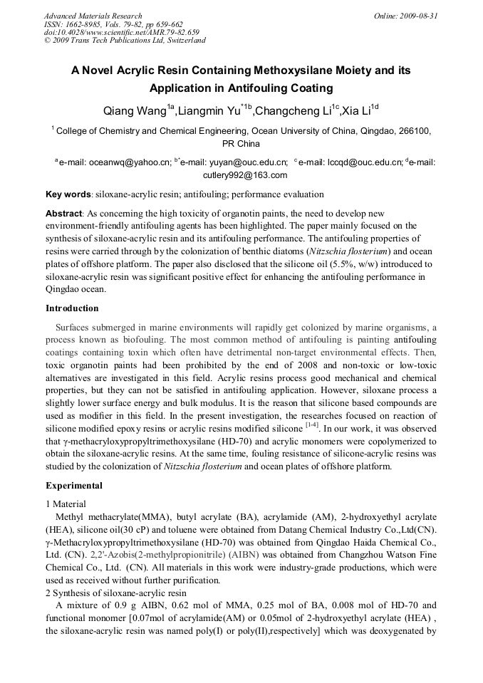 A Novel Acrylic Resin Containing Methoxysilane Moiety and its ...