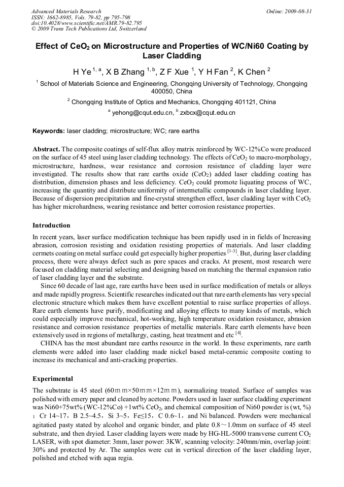 Effect of CeO2 on Microstructure and Properties of WC/Ni60 Coating by Laser Cladding ...