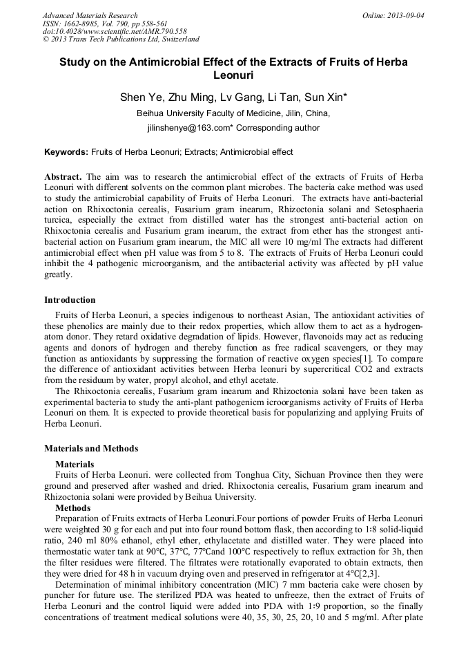 Study on the Antimicrobial Effect of the Extracts of Fruits of Herba ...