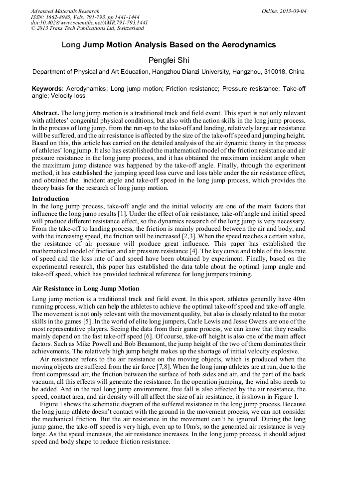 Long Jump Motion Analysis Based on the Aerodynamics | Scientific.Net