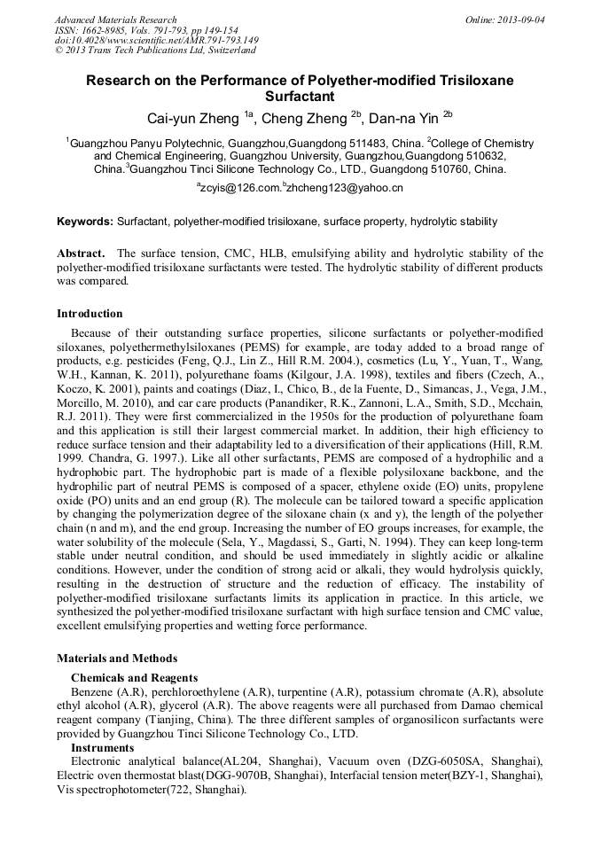 Research on the Performance of Polyether-Modified Trisiloxane ...