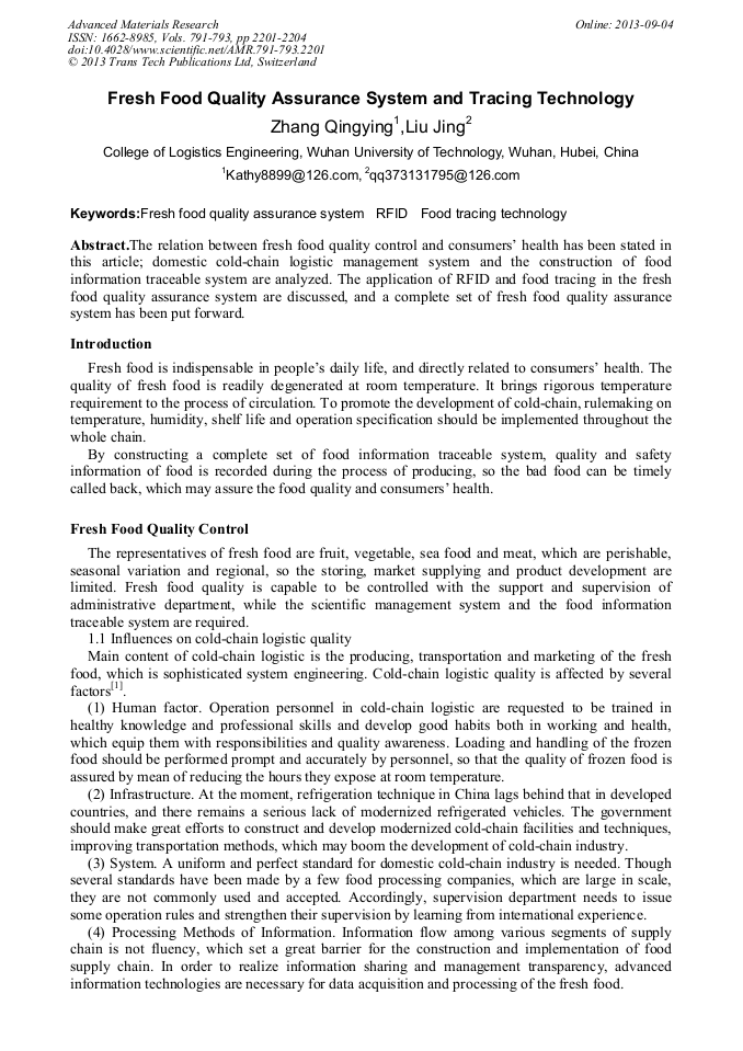 Fresh Food Quality Assurance System and Tracing Technology | Scientific.Net