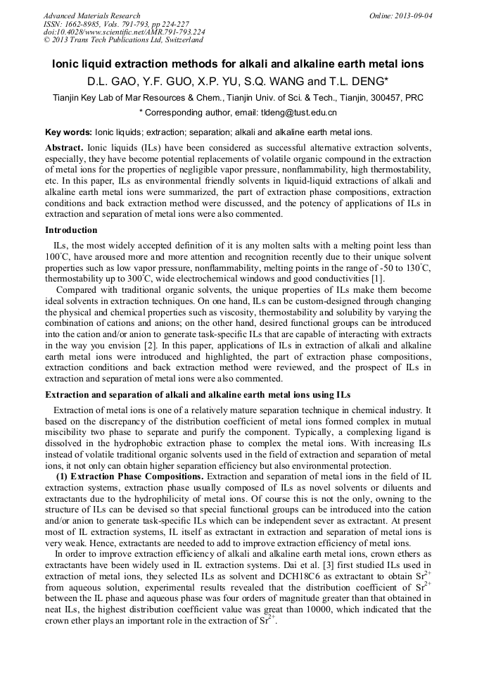 Ionic Liquid Extraction Methods for Alkali and Alkaline Earth Metal ...