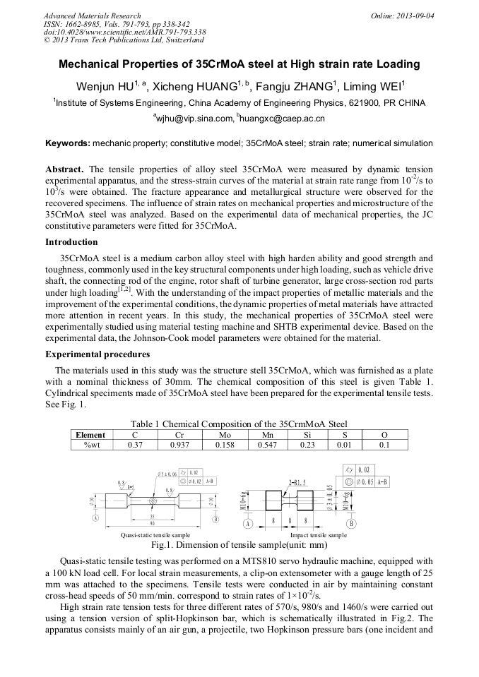 Mechanical Properties of 35CrMoA Steel at High Strain Rate Loading ...
