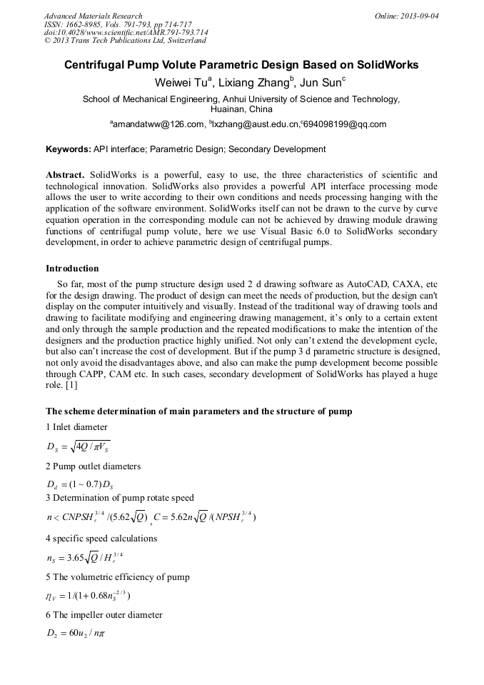 Centrifugal Pump Volute Parametric Design Based on SolidWorks ...