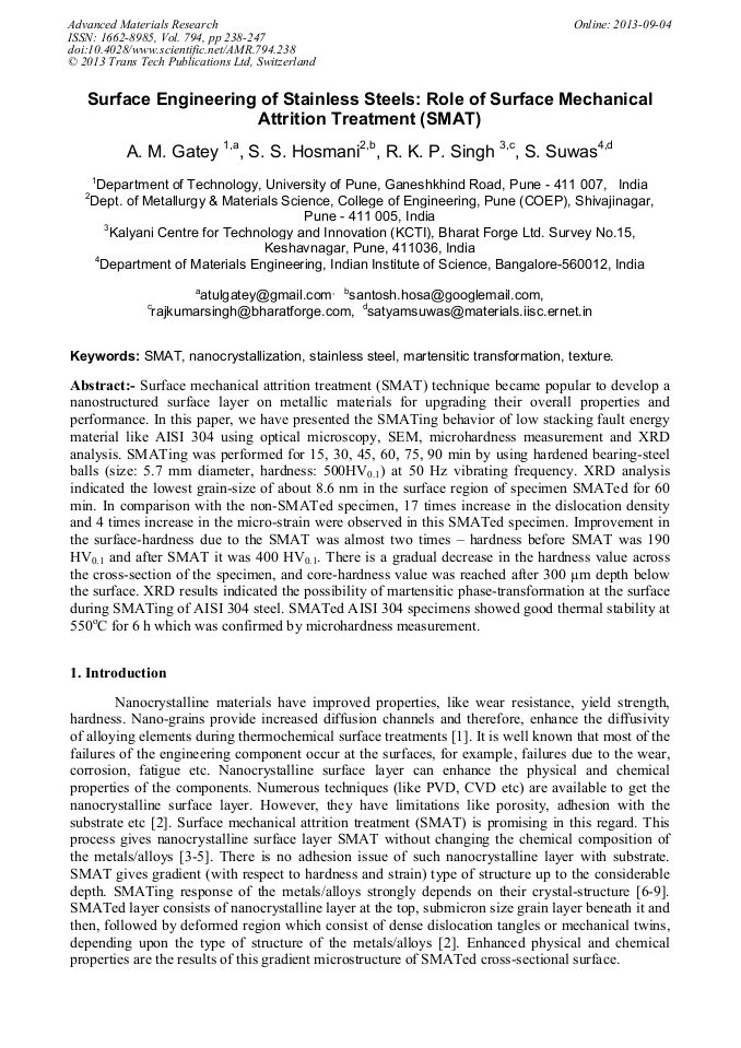 Surface Engineering of Stainless Steels: Role of Surface Mechanical ...