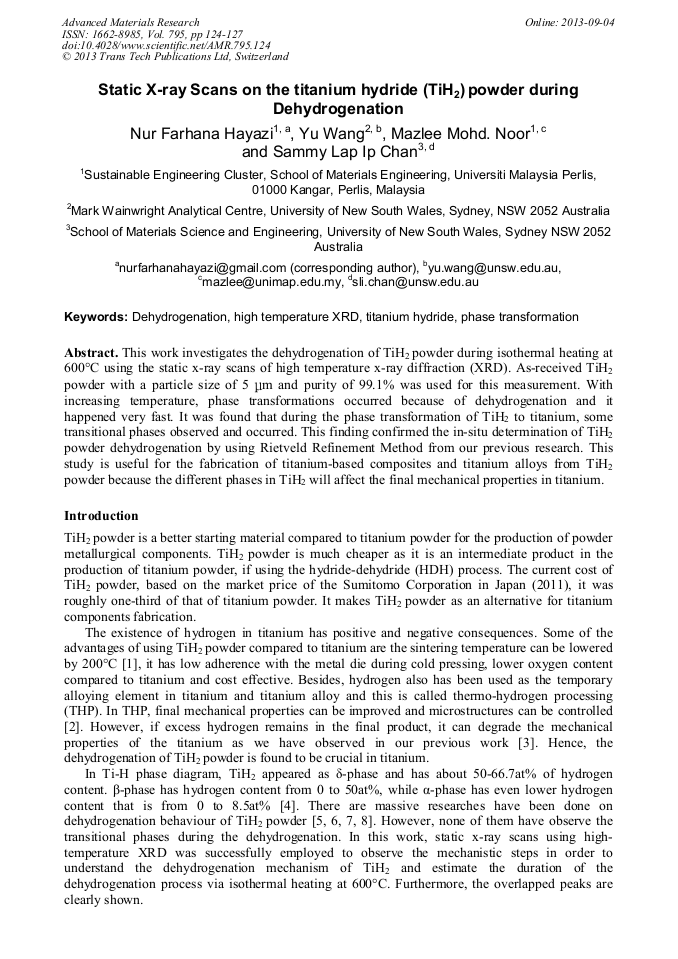 Static X-Ray Scans on the Titanium Hydride (TiH2) Powder during ...