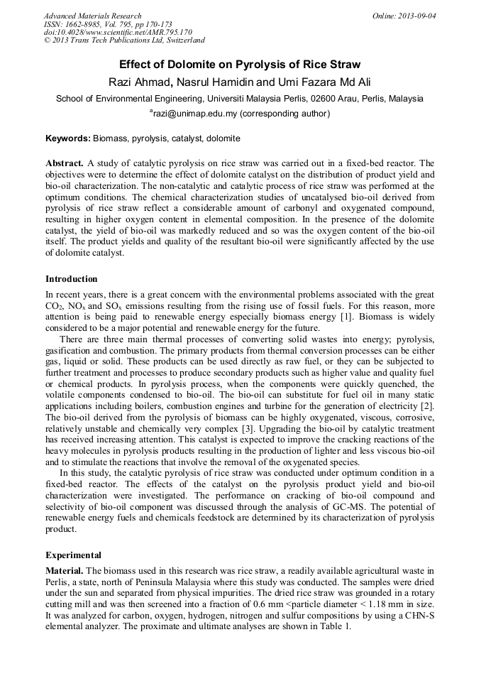 Effect of Dolomite on Pyrolysis of Rice Straw | Scientific.Net