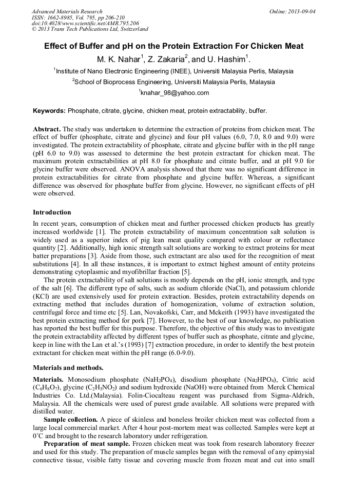 Effect of Buffer and pH on the Protein Extraction for Chicken Meat ...