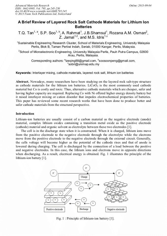 A Brief Review of Layered Rock Salt Cathode Materials for Lithium Ion ...