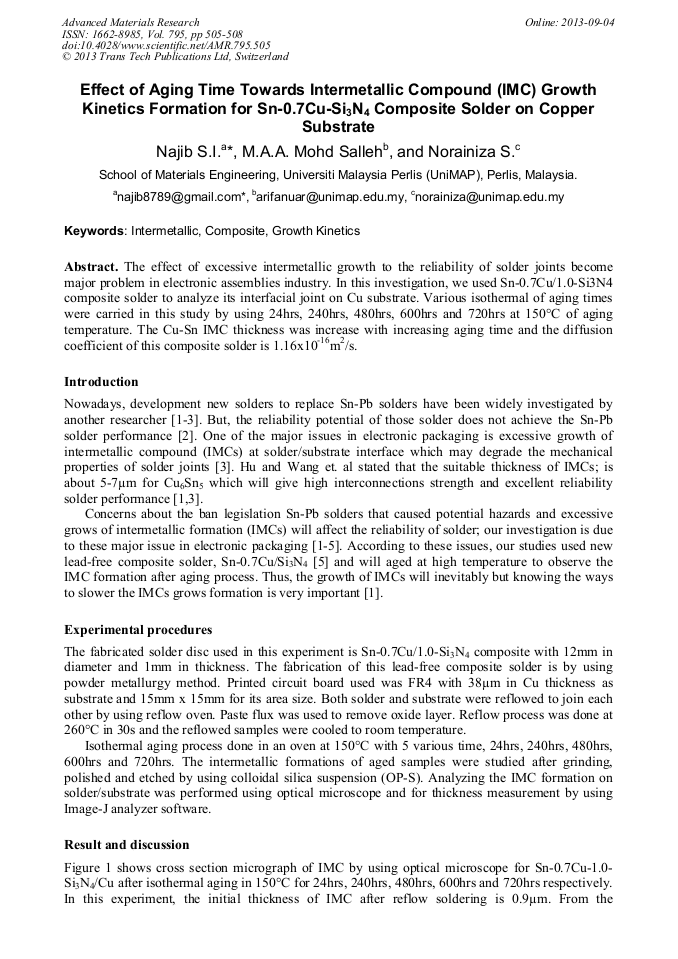 Effect of Aging Time towards Intermetallic Compound (IMC) Growth ...