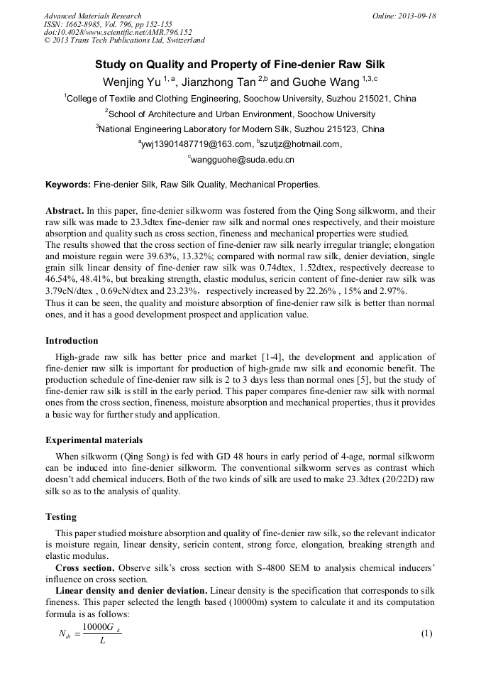 Study on Quality and Property of Fine-Denier Raw Silk | Scientific.Net
