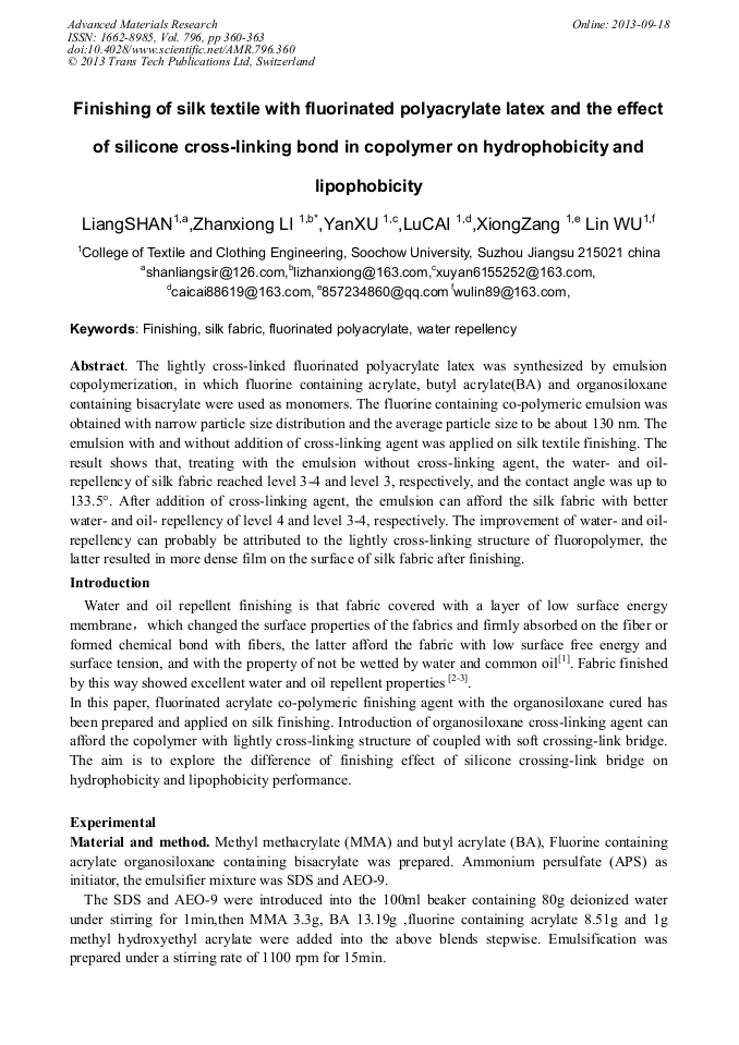 Finishing of Silk Textile with Fluorinated Polyacrylate Latex and the ...