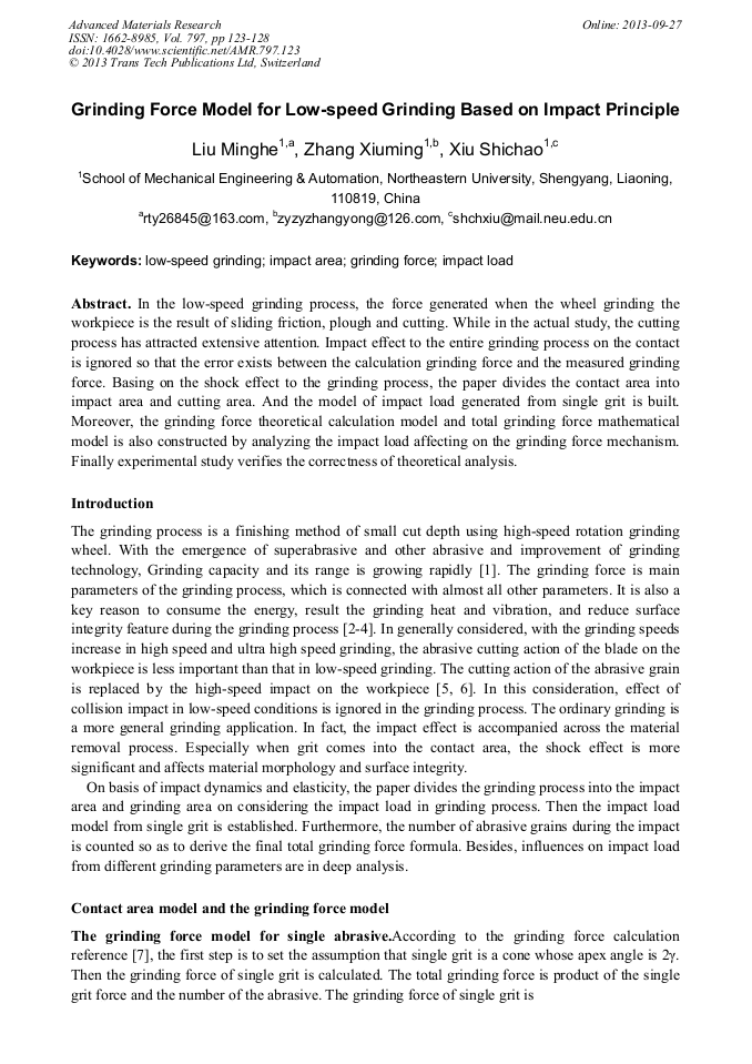 Grinding Force Model for Low-Speed Grinding Based on Impact Principle ...