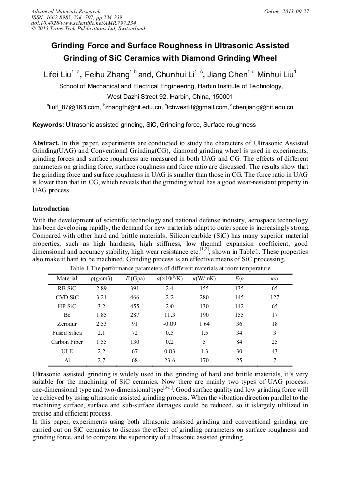 Grinding Force and Surface Roughness in Ultrasonic Assisted Grinding of ...