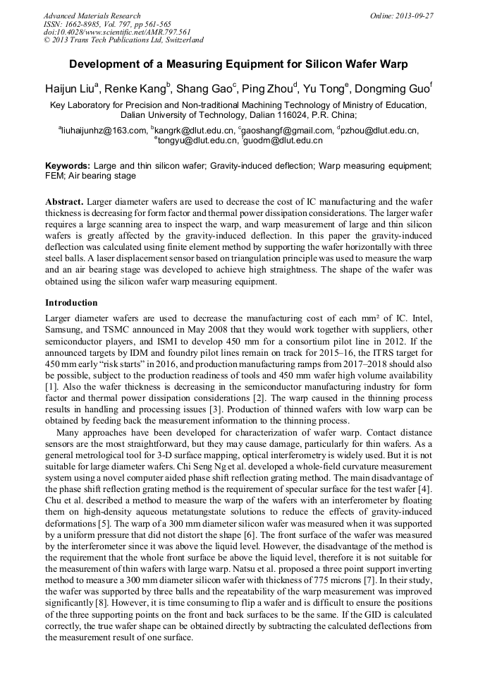 Development of a Measuring Equipment for Silicon Wafer Warp ...