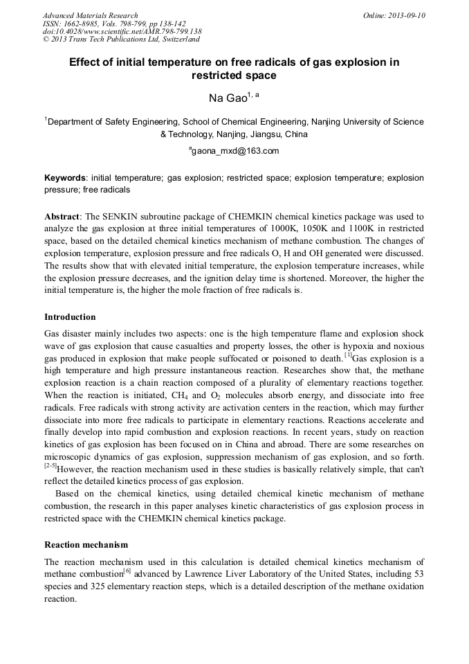 Effect of Initial Temperature on Free Radicals of Gas Explosion in ...