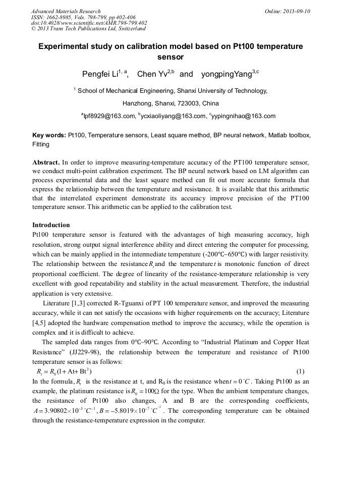 Experimental Study on Calibration Model Based on Pt100 Temperature ...