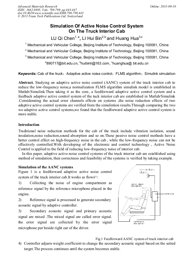 Simulation of Active Noise Control System on the Truck Interior Cab ...