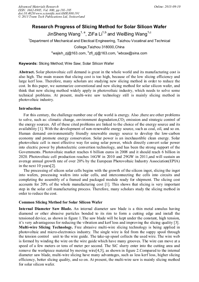 Research Progress of Slicing Method for Solar Silicon Wafer ...