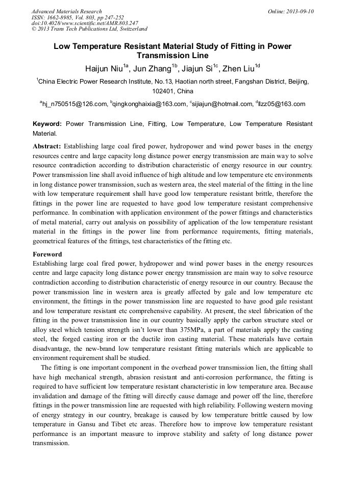 Low Temperature Resistant Material Study of Fitting in Power ...
