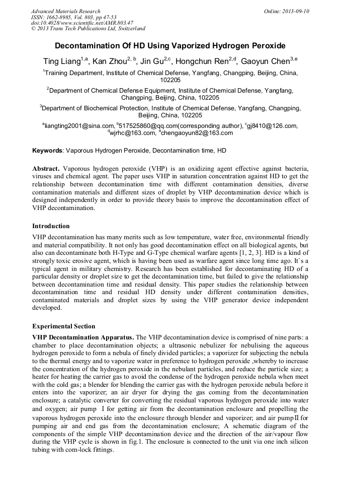 Decontamination of Hd Using Vaporized Hydrogen Peroxide | Scientific.Net