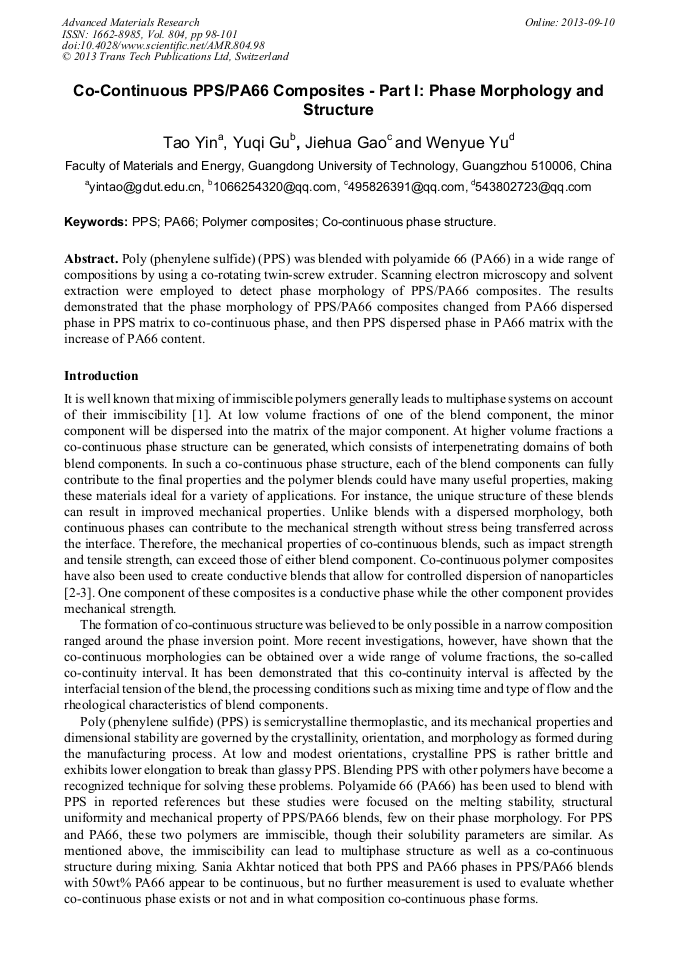 Co-Continuous PPS/PA66 Composites - Part I: Phase Morphology and ...