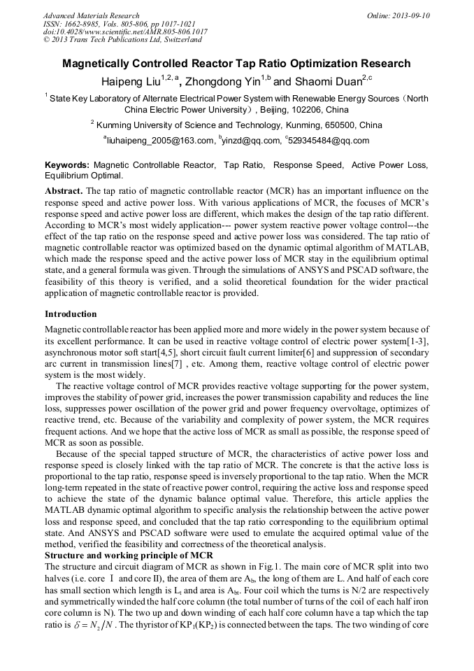 Magnetically Controlled Reactor Tap Ratio Optimization Research ...