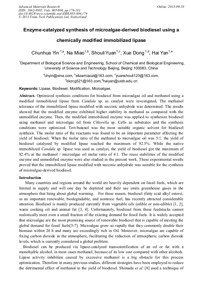 Enzyme-Catalyzed Synthesis of Microalgae-Derived Biodiesel Using a ...