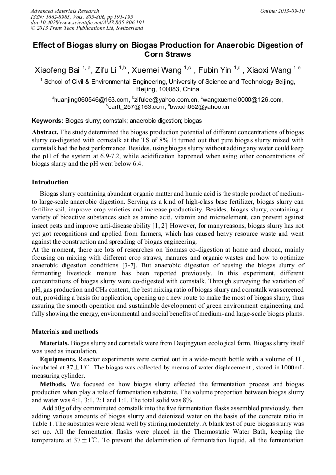 Effect of Biogas Slurry on Biogas Production for Anaerobic Digestion of ...