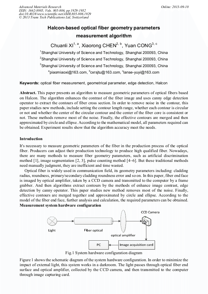 Halcon-Based Optical Fiber Geometry Parameters Measurement Algorithm | Scientific.Net