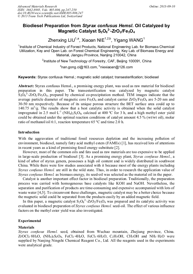 Biodiesel Preparation from Styrax Confusus Hemsl. Oil Catalyzed by ...