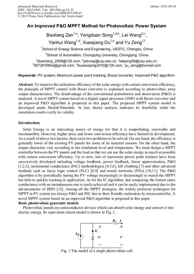 An Improved P&O MPPT Method for Photovoltaic Power System | Scientific.Net