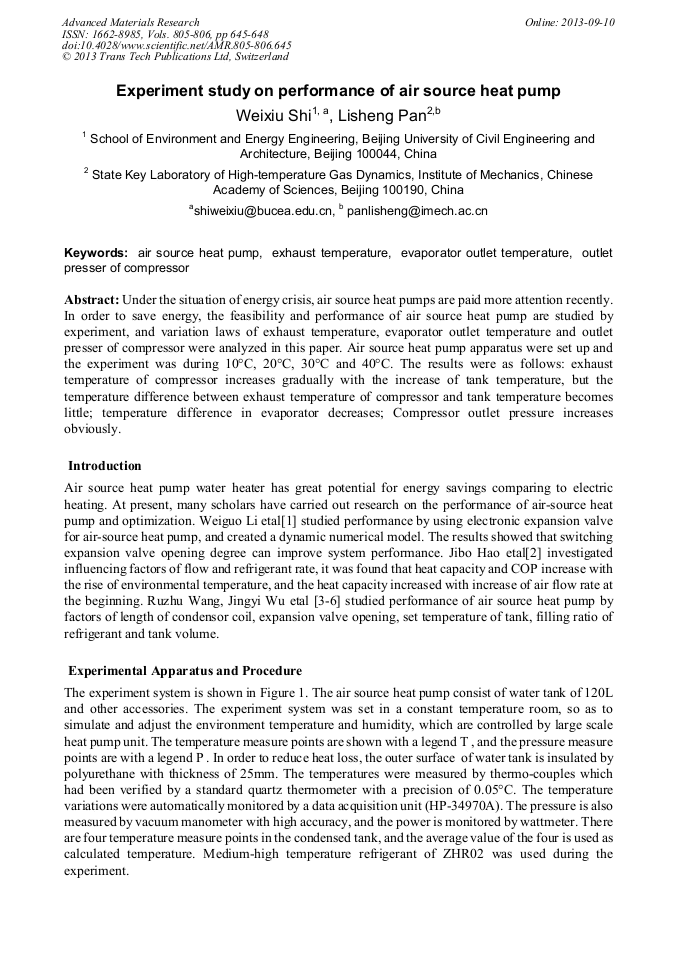 Experiment Study on Performance of Air Source Heat Pump | Scientific.Net